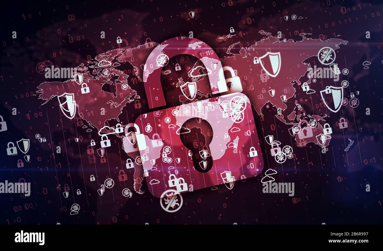 Cyber security, computer protection and digital safety symbols on ...