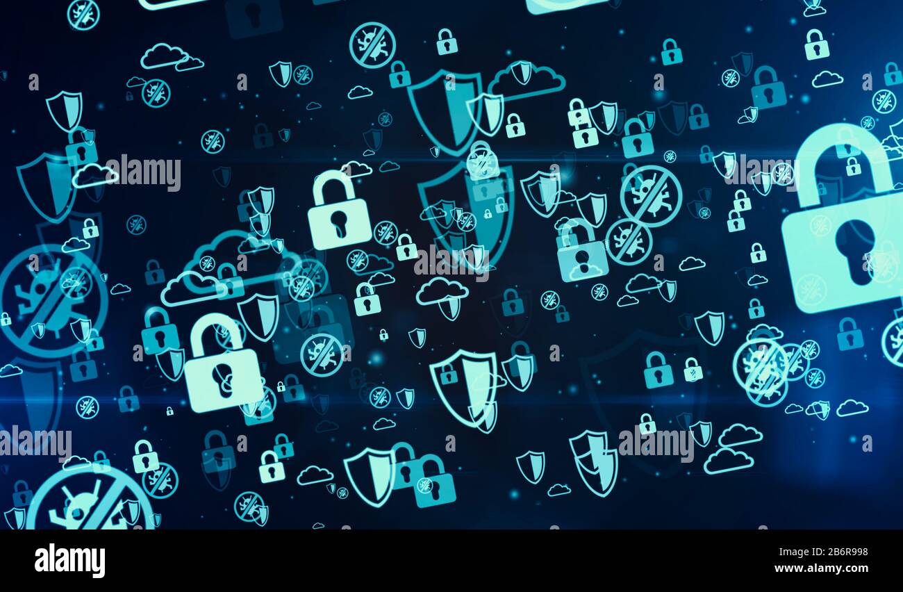 Cyber security, computer protection and digital safety flying symbols ...