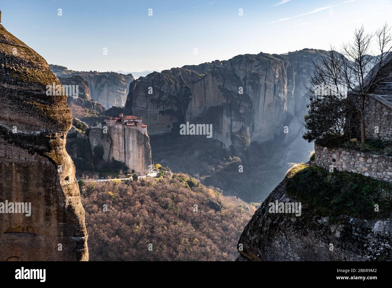 Aerial view of monastery Rousanou and breathtaking picturesque valley ...