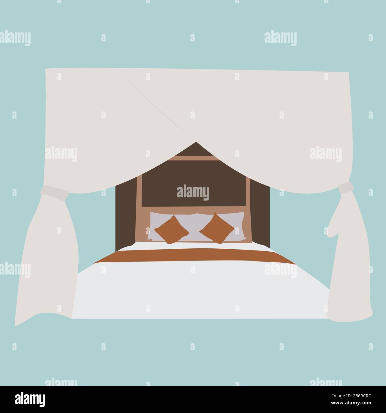 Bed with curtains, illustration, vector on white background Stock ...