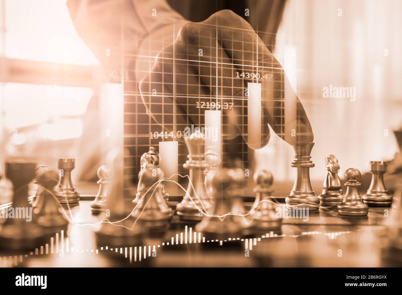 Chess game on chess board on stock market or forex trading graph chart ...