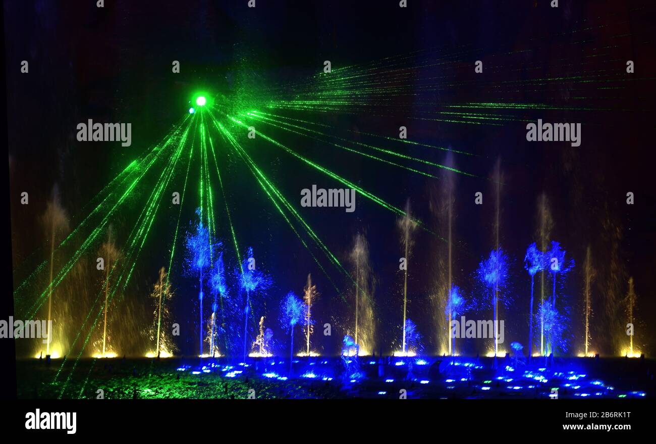 Colorful water fountains. Beautiful laser and fountain show. Large ...
