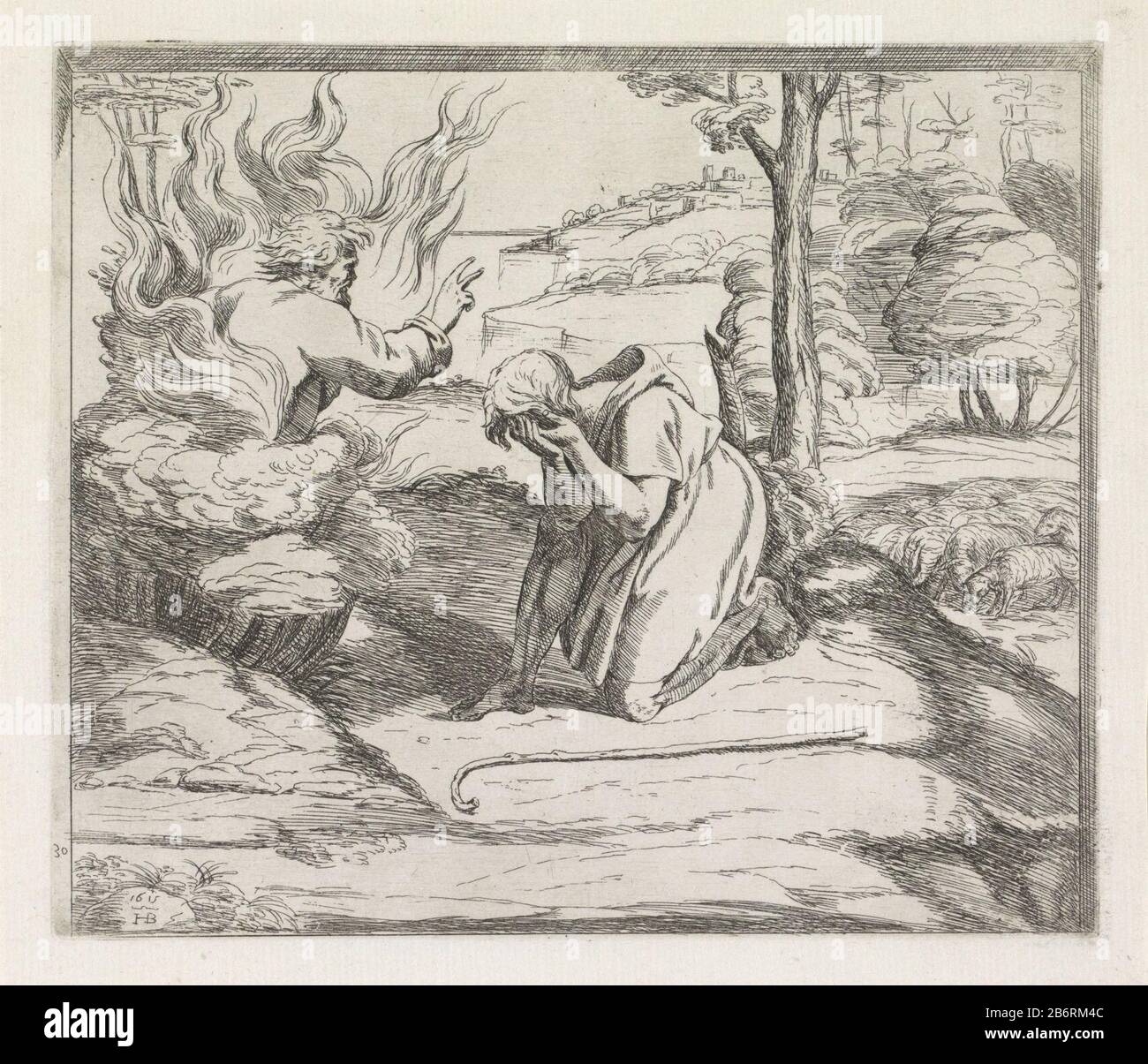 God appears to Moses in the burning bush. Moses kneels with his hands ...