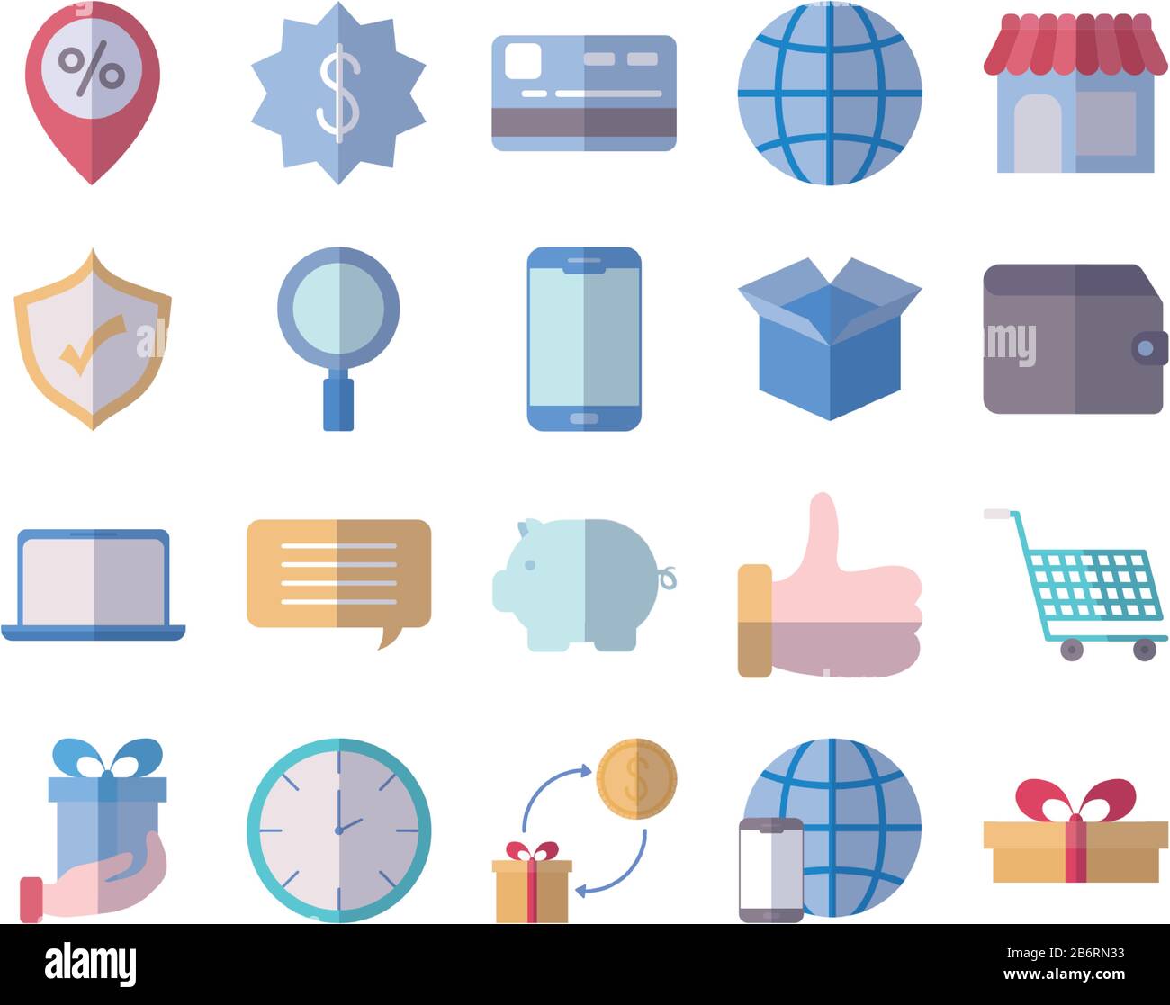 global sphere and shopping icons set over white background, flat style ...