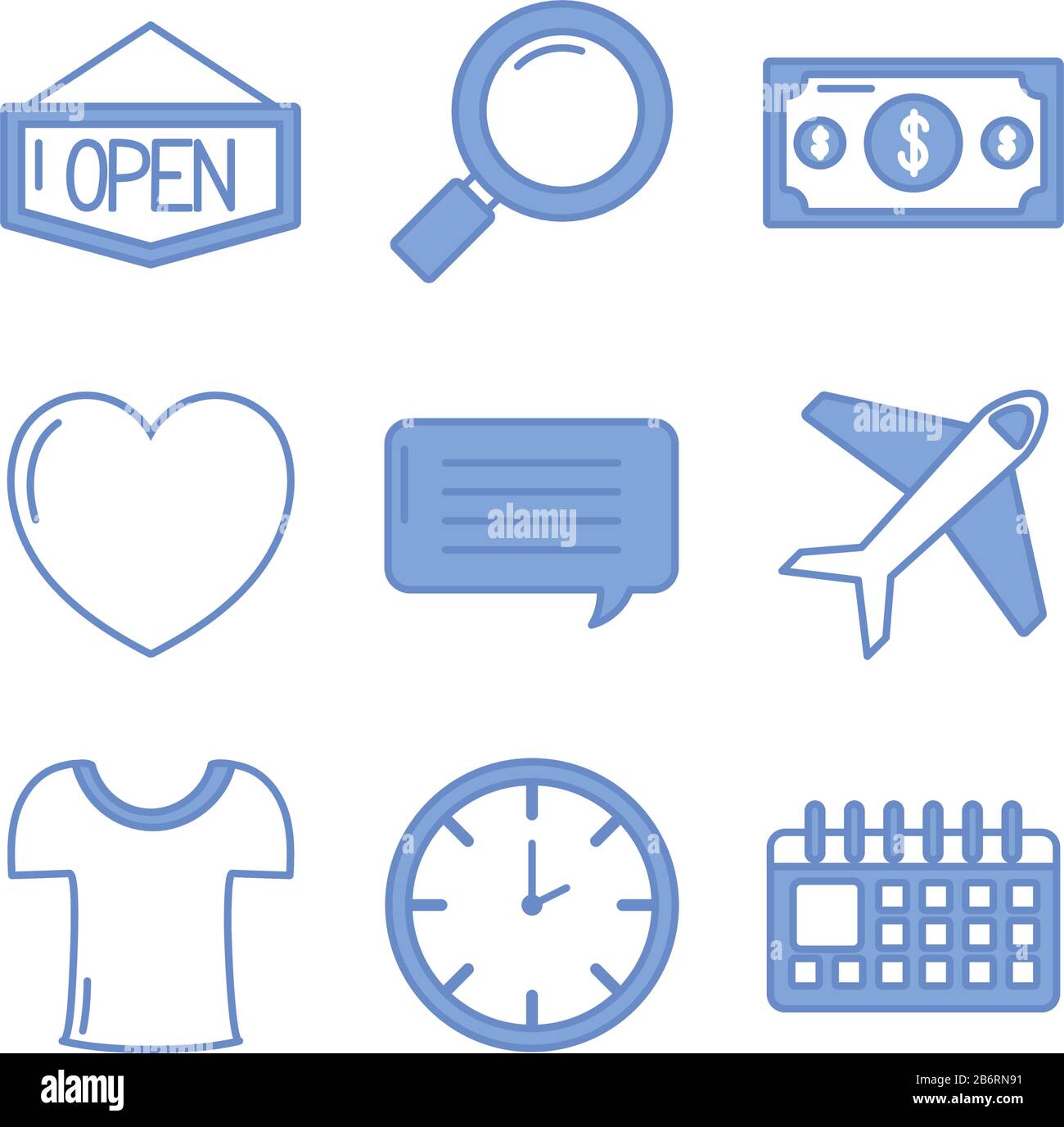 airplane and shopping icons set over white background, blue outline ...