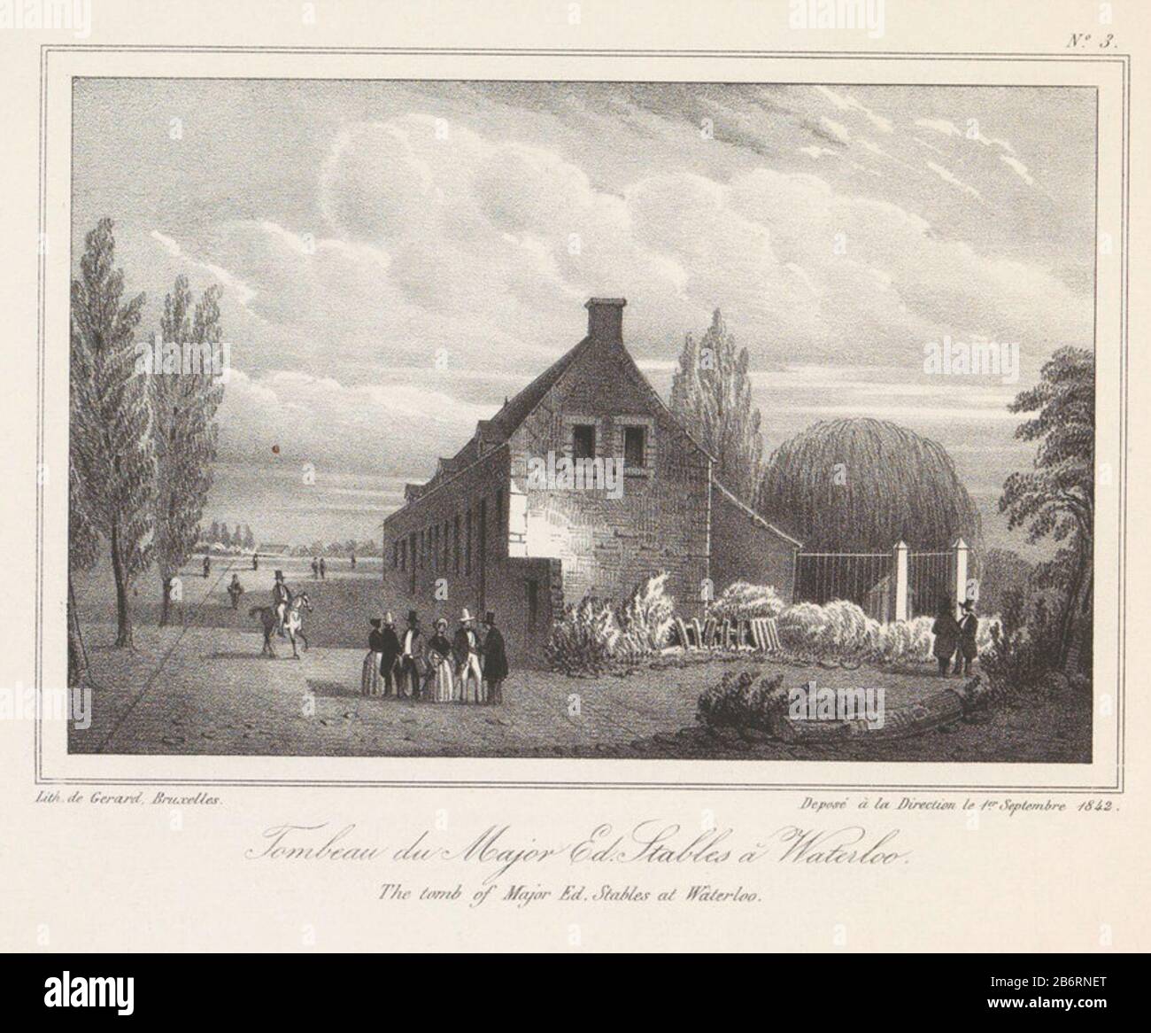 Gezicht in een straat in Waterloo met het graf van de Britse militair ...