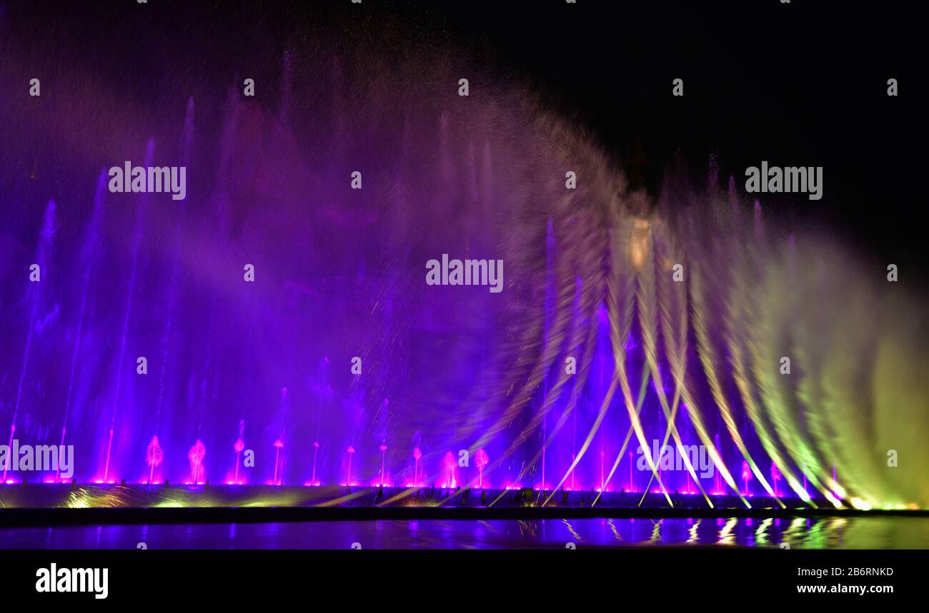 Colorful water fountains. Beautiful laser and fountain show. Large ...