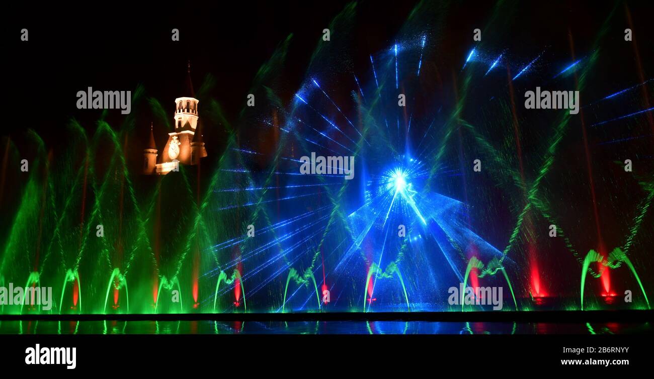 Colorful water fountains. Beautiful laser and fountain show. Large ...