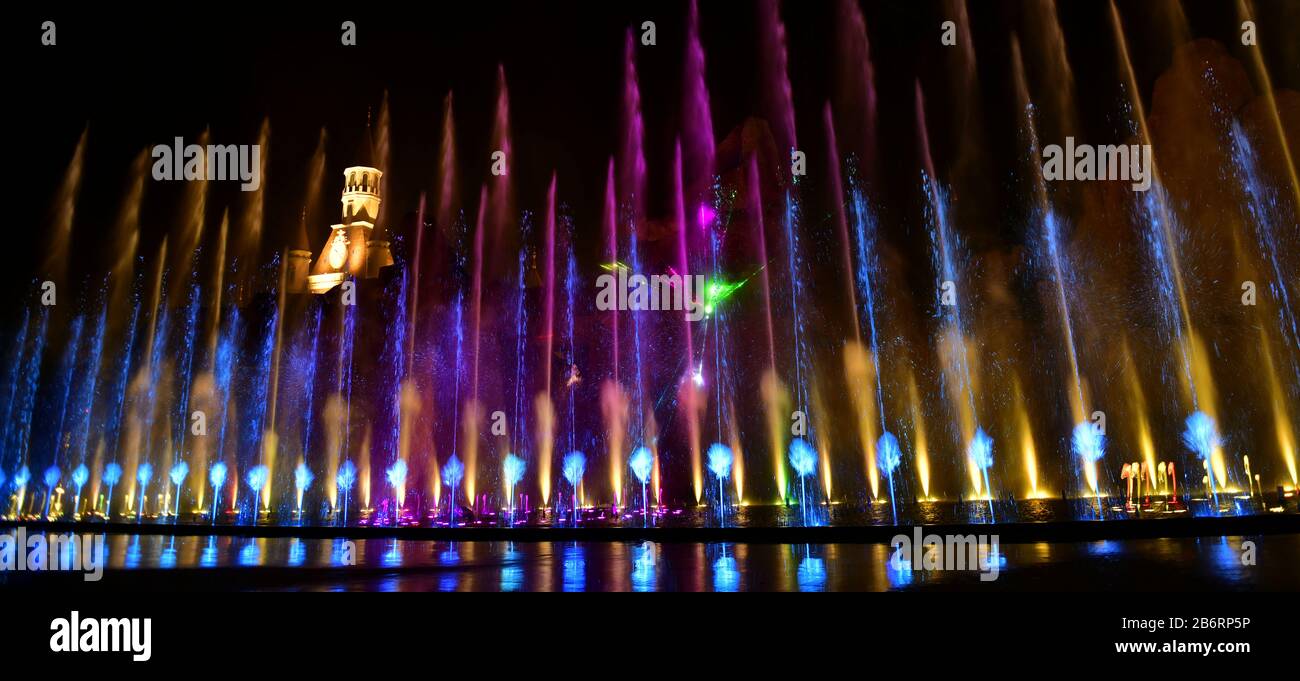 Colorful water fountains. Beautiful laser and fountain show. Large ...