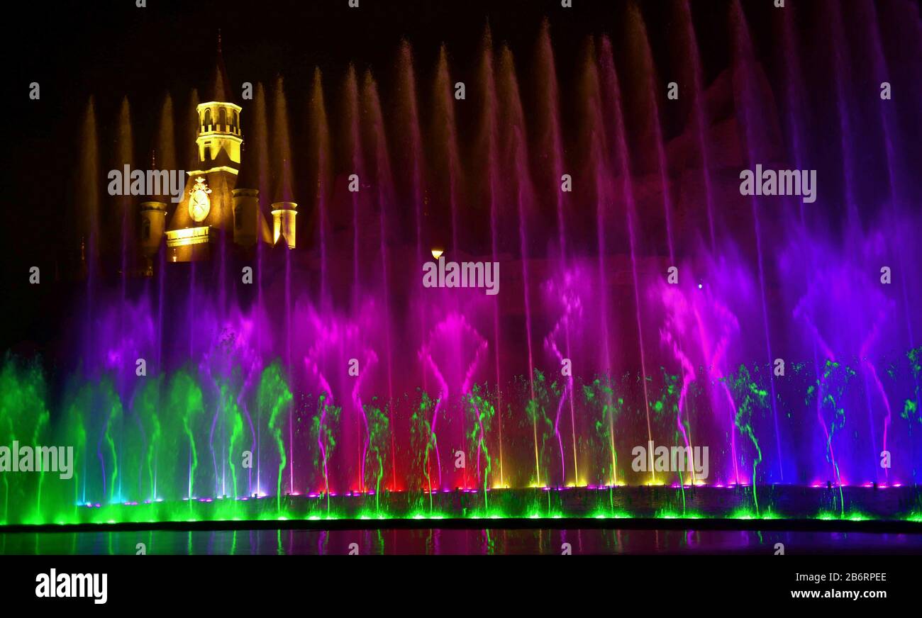 Colorful water fountains. Beautiful laser and fountain show. Large ...