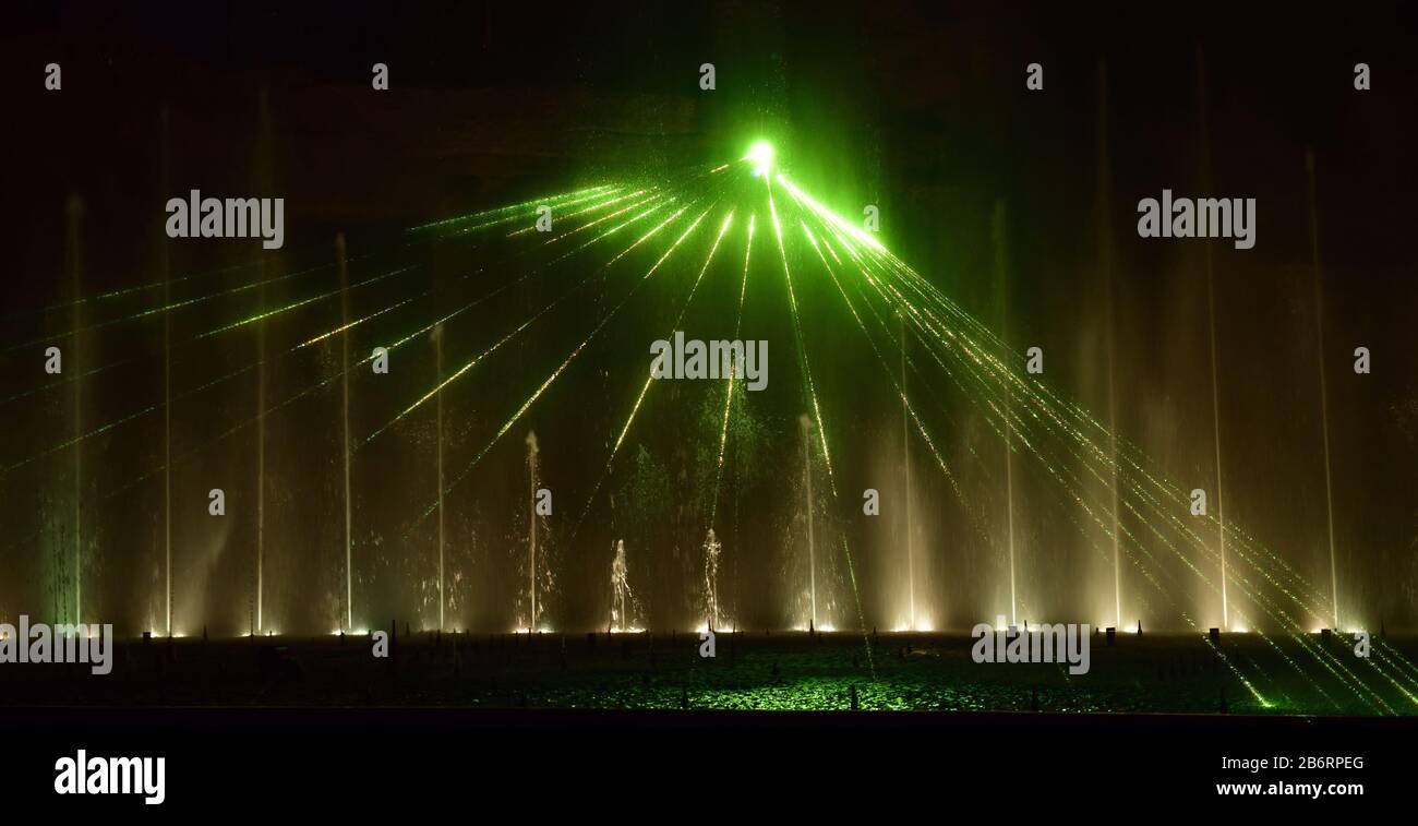 Colorful water fountains. Beautiful laser and fountain show. Large ...
