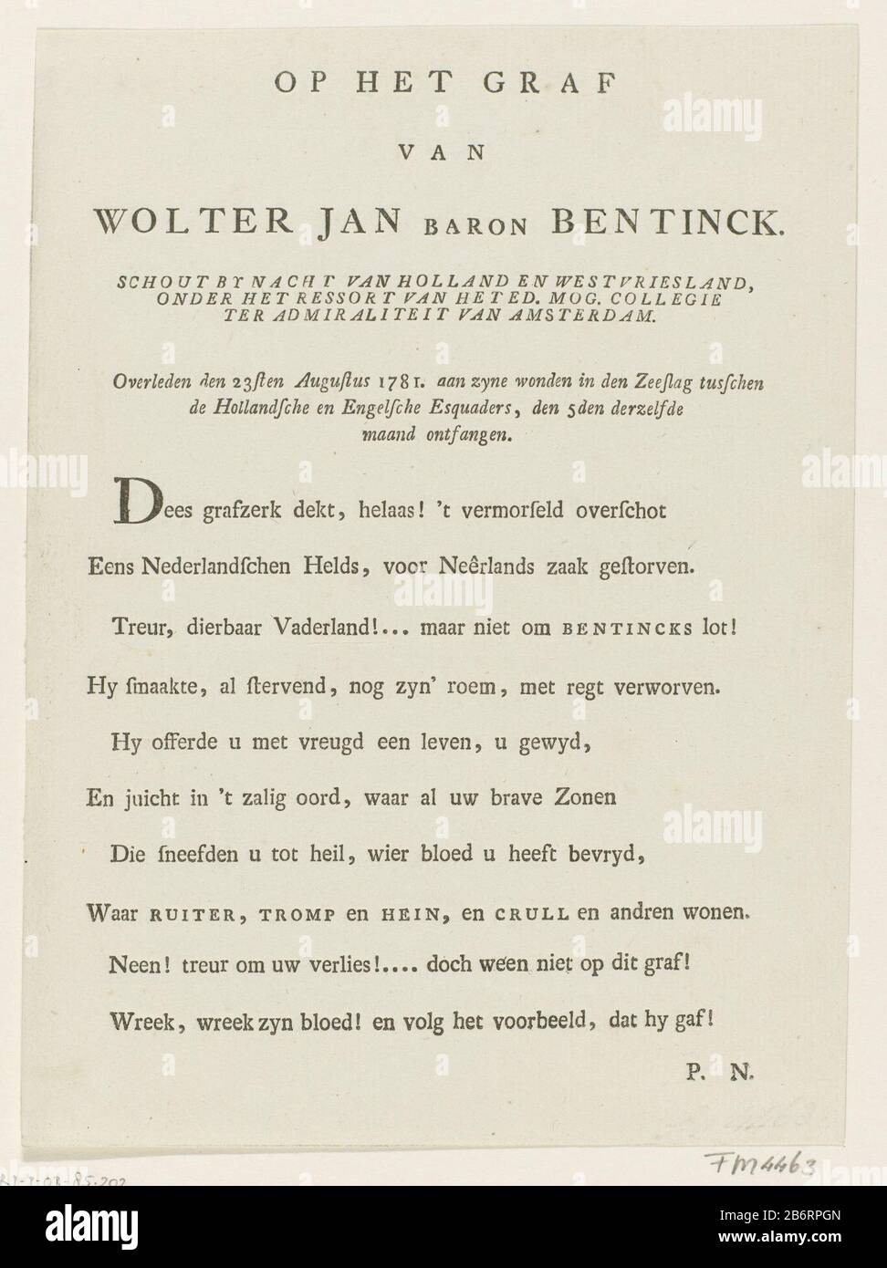 Grafschrift bij het overlijden van Wolter Jan Gerrit baron Bentinck ...