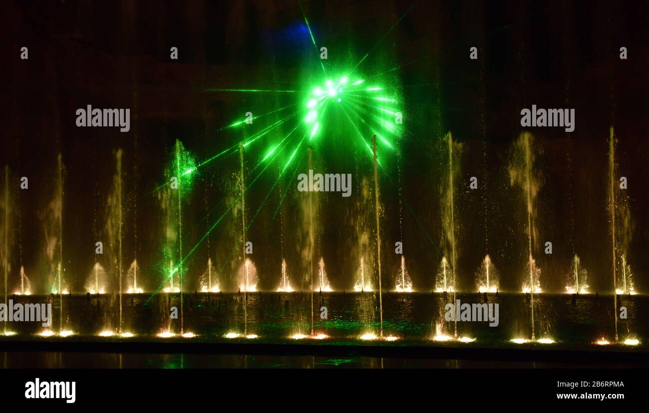 Colorful water fountains. Beautiful laser and fountain show. Large ...