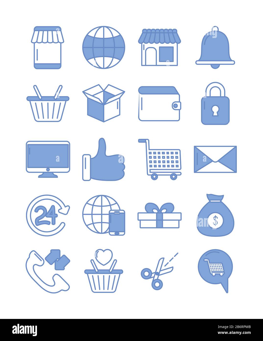 computer and shopping icons set over white background, blue outline ...