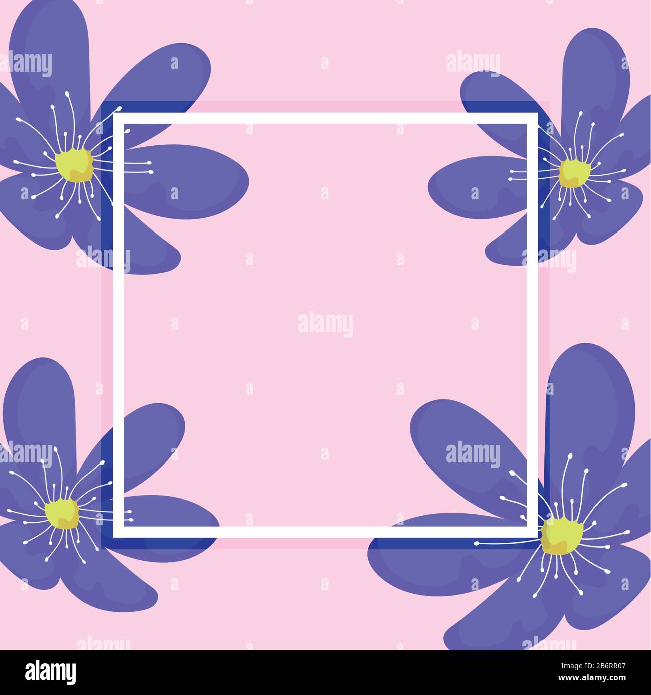 decorative square frame over floral background with purple flowers ...