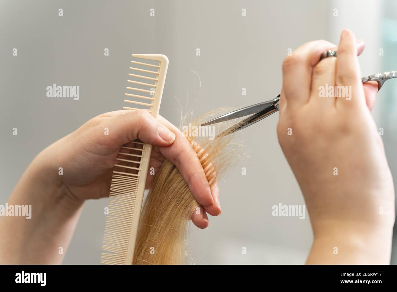 Cosmetology woman cutting hair hi-res stock photography and images - Alamy
