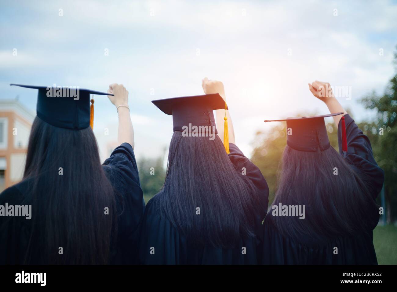 Rear view of the university graduates line up for degree award in ...