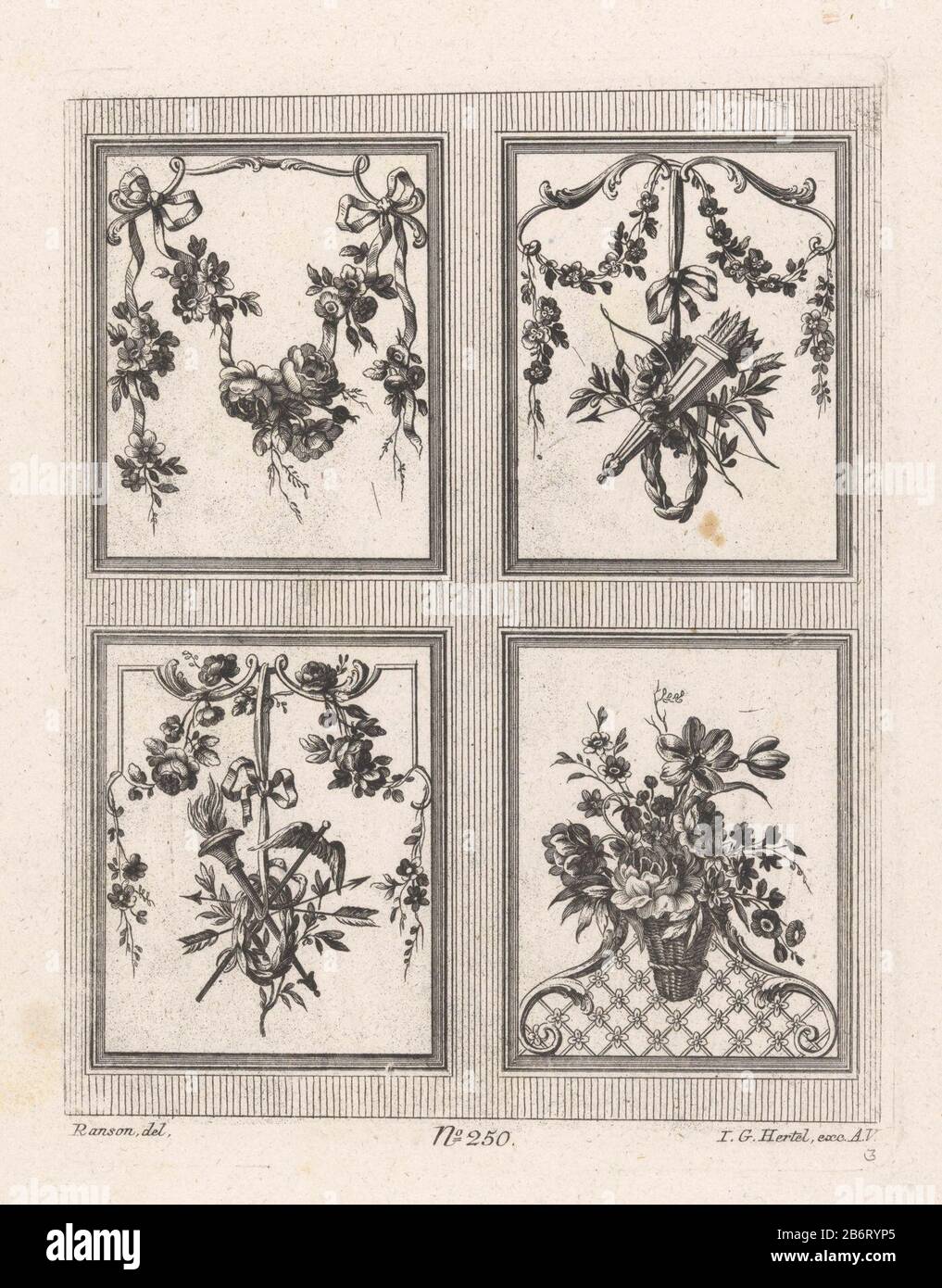 top left a garland of flowers and bows. Right above a trophy with ...