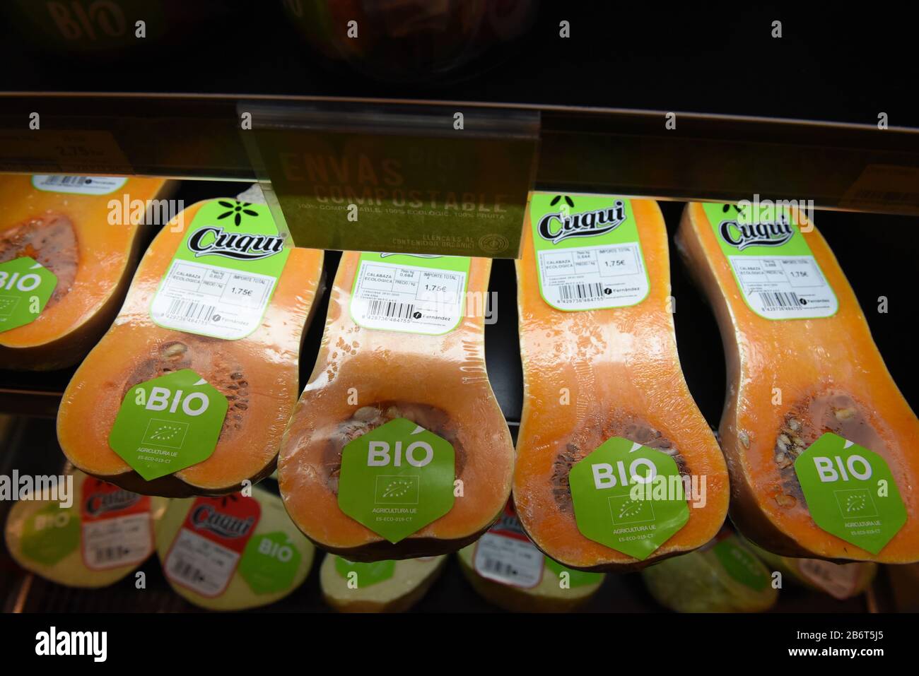 Ecological products wrapped with biodegradable plastic seen on display ...