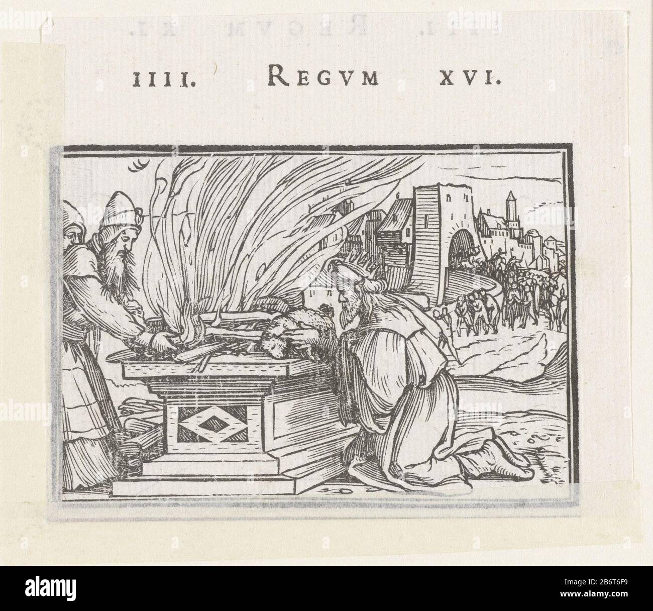 Heidens offer van koning Achaz King Ahaz kneeling right in a burning ...