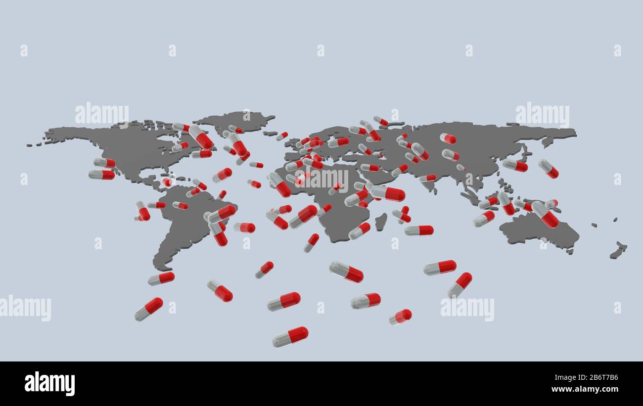 The 3d rendering of Colorful medicine pills and drugs on world map ...