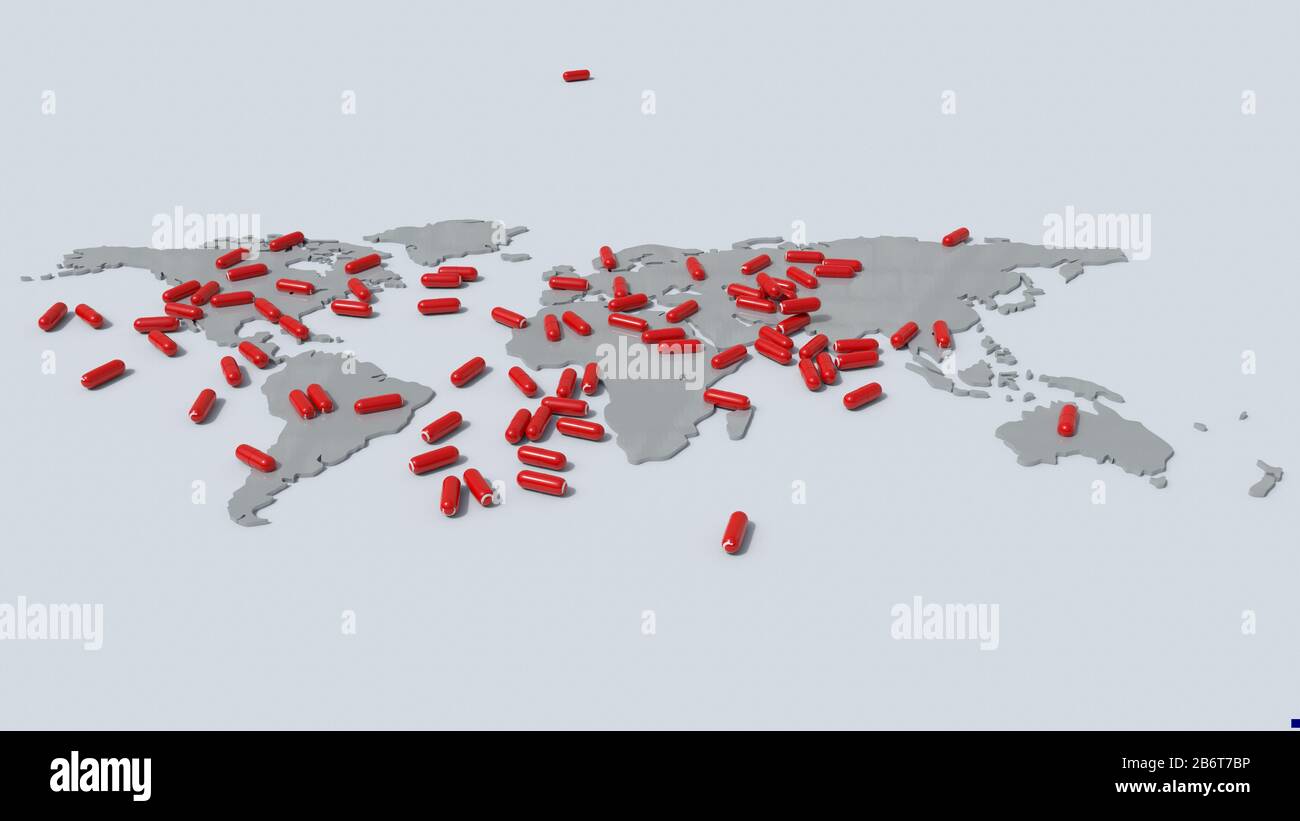 The 3d rendering of Colorful medicine pills and drugs on world map ...