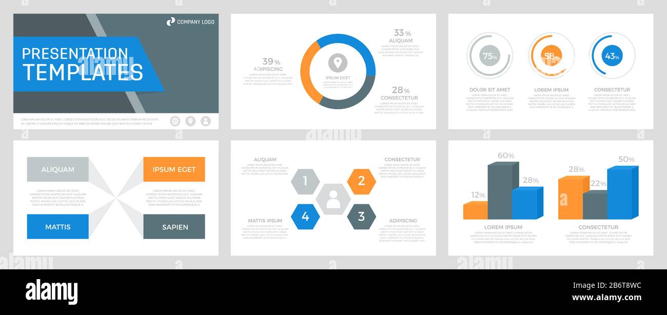 Set of gray, orange, blue elements for multipurpose presentation ...