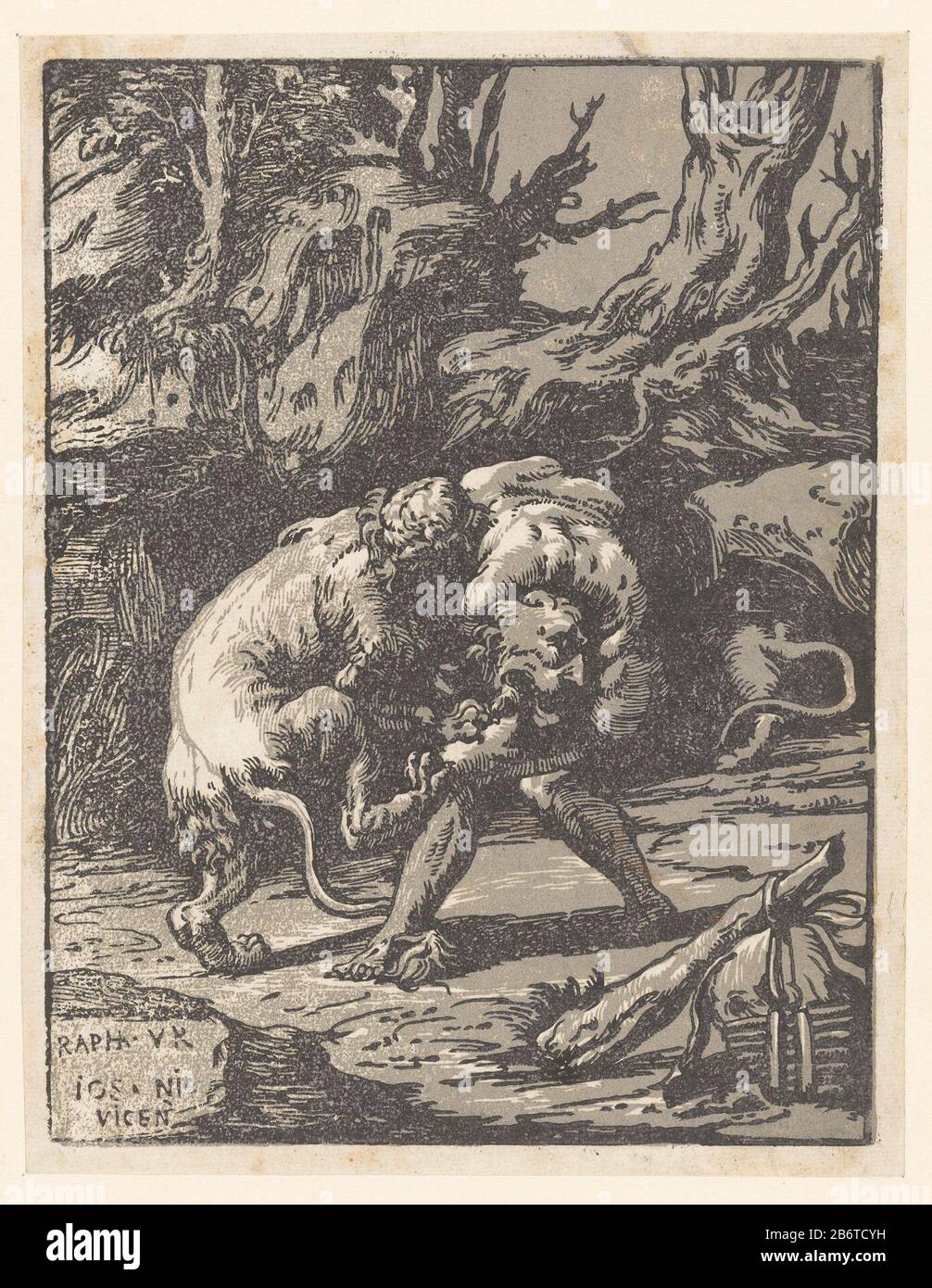 in a landscape Hercules fighting the Nemean lion. In the foreground the ...