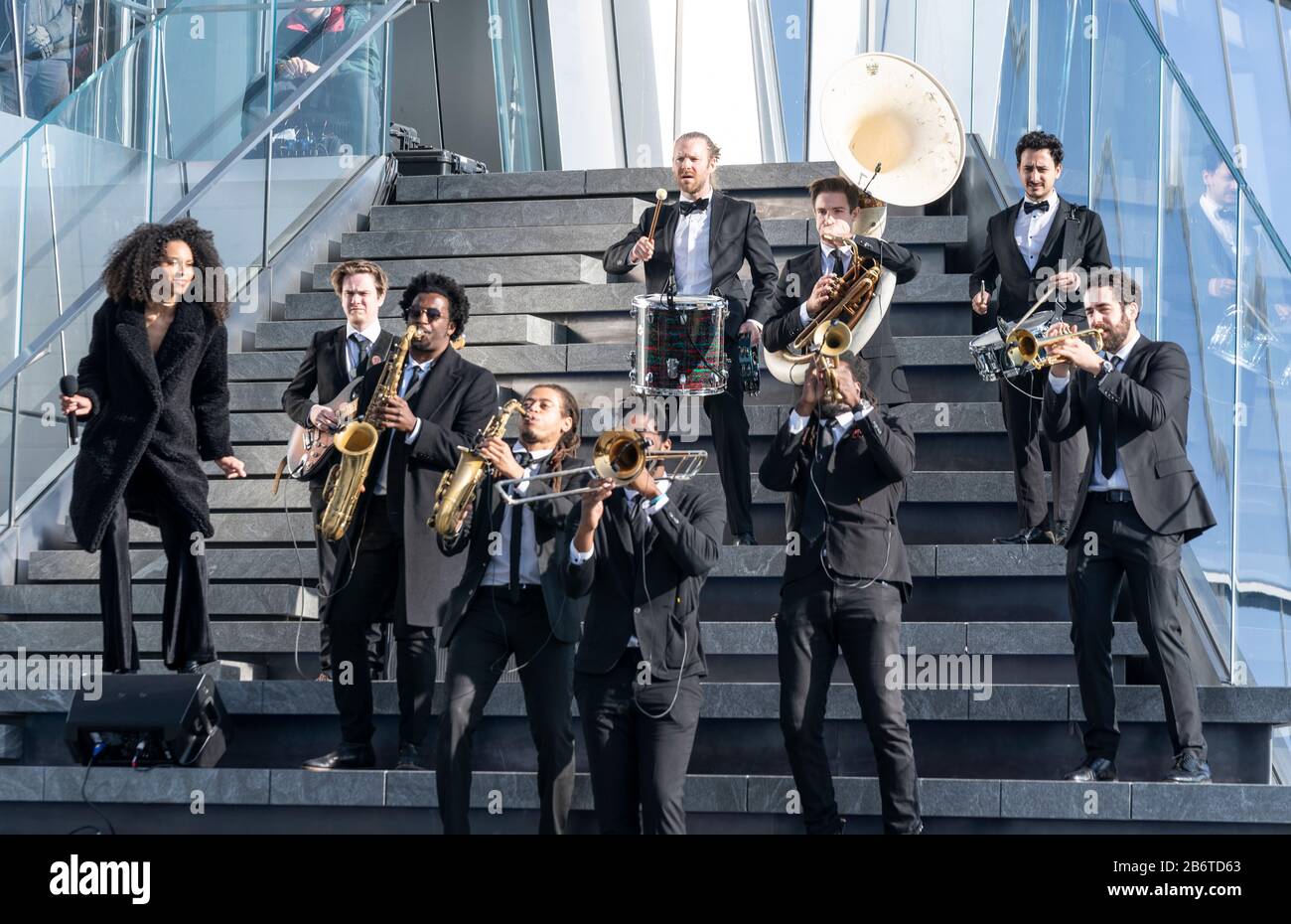 New York, NY - March 11, 2020: Hudson Horns band performs at The Edge ...