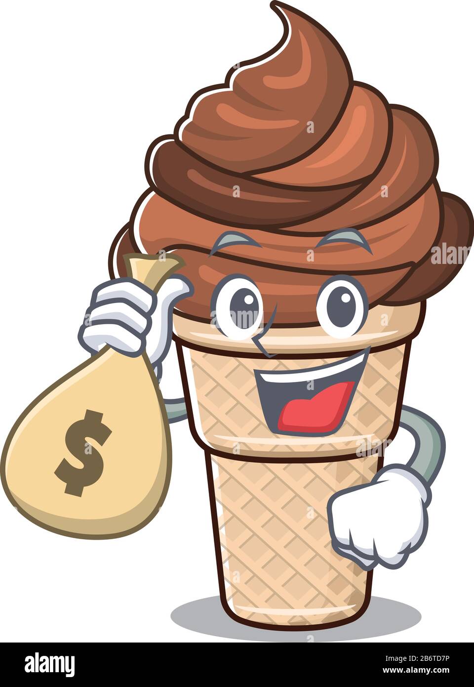Smiley rich chocolate ice cream cartoon character bring money bags ...