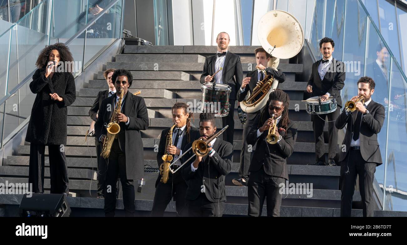 New York, NY - March 11, 2020: Hudson Horns band performs at The Edge ...
