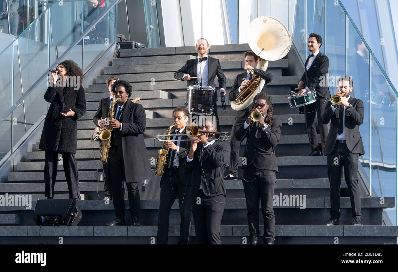 New York, NY - March 11, 2020: Hudson Horns band performs at The Edge ...