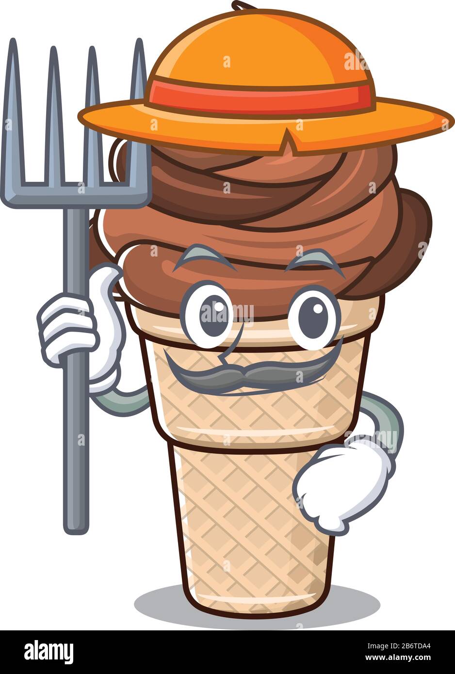 Chocolate ice cream in Farmer cartoon character with hat and pitchfork ...