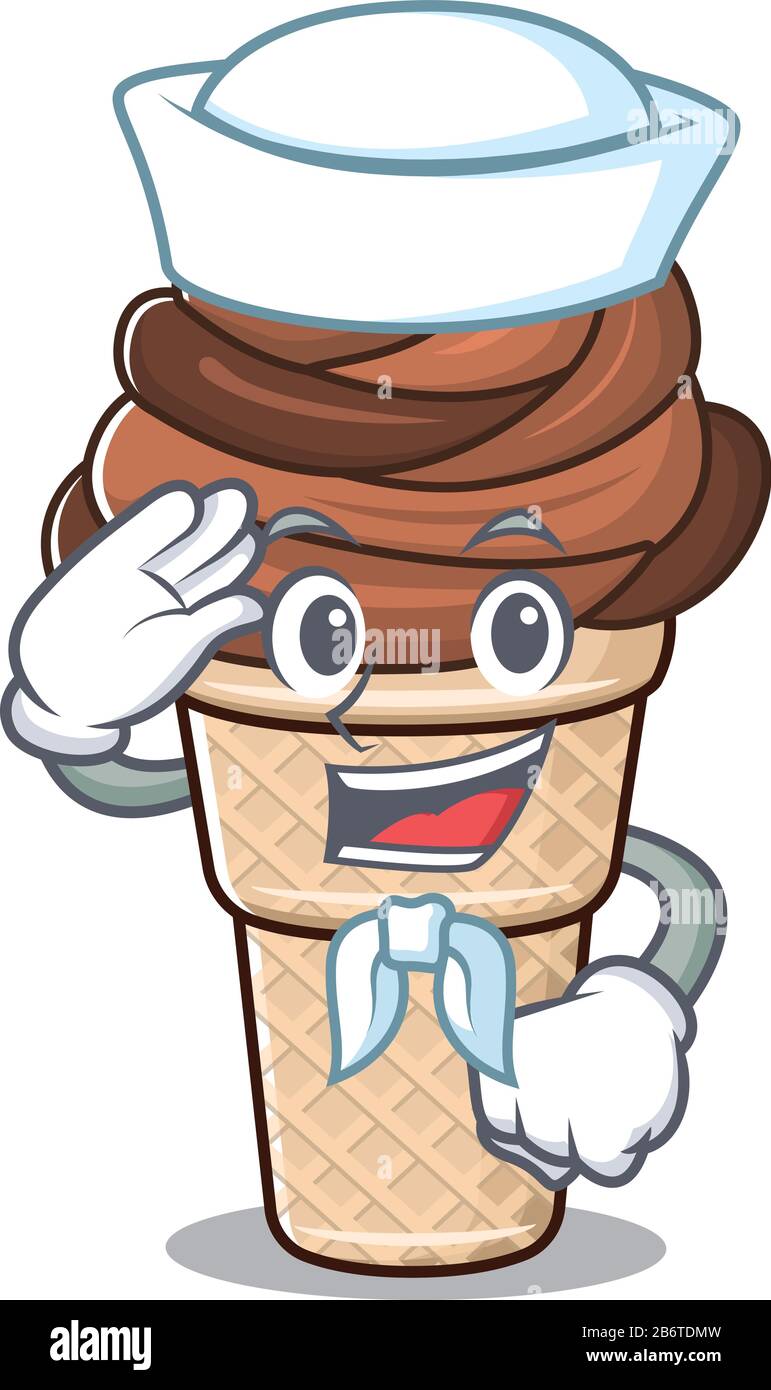 Cute chocolate ice cream Sailor cartoon character wearing white hat ...