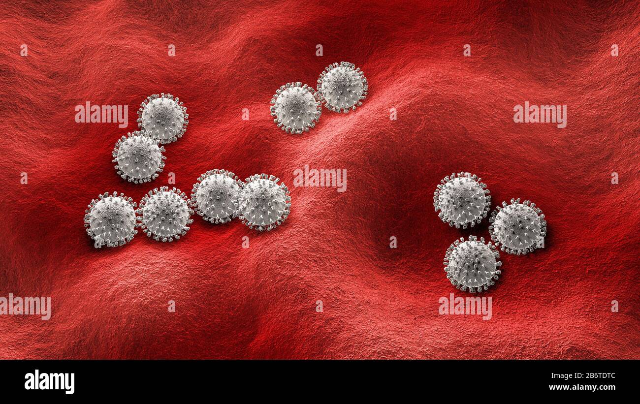 Virus on red background. 3d illustration Stock Photo - Alamy