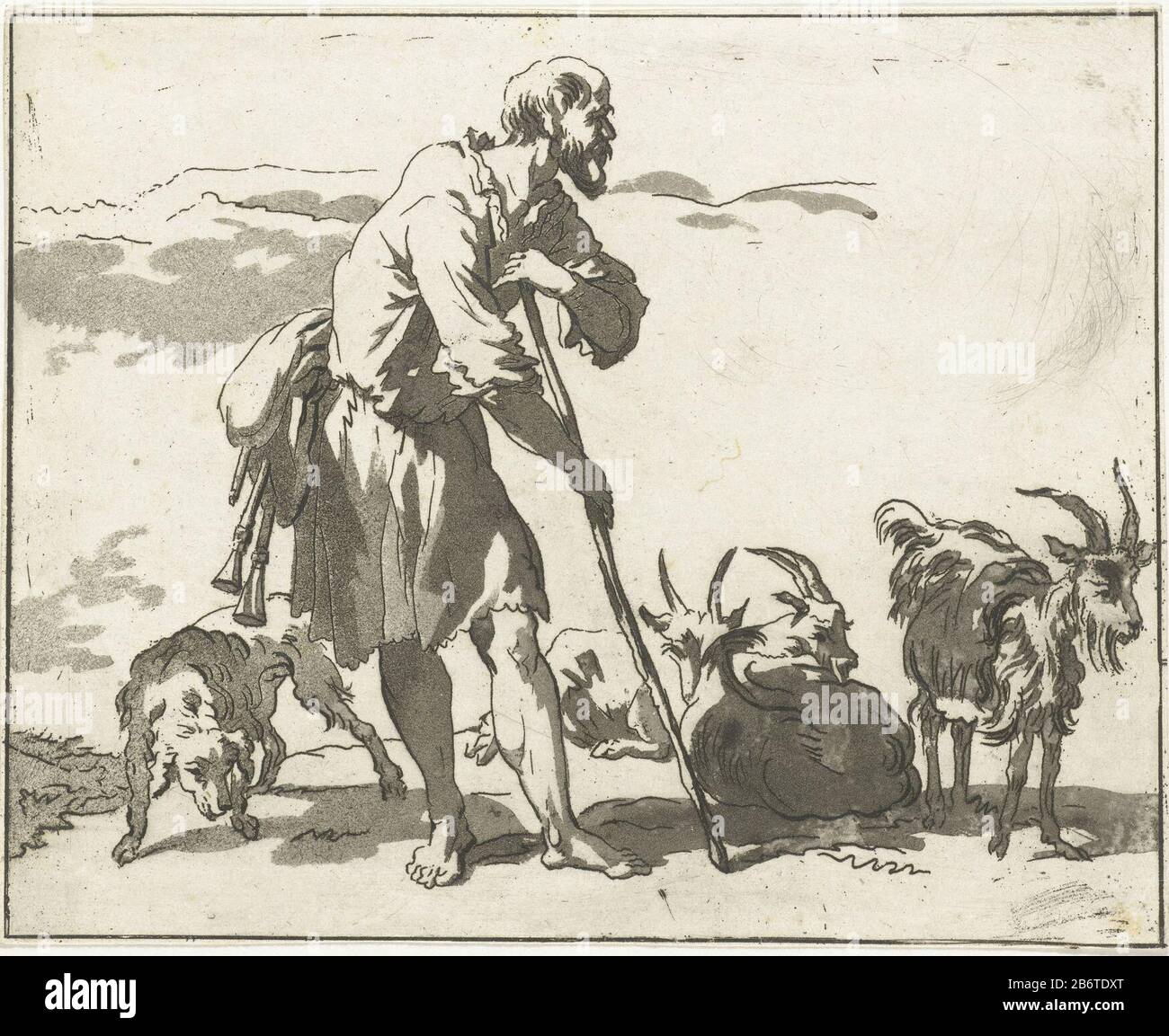 Herder met geiten Shepherd leaning on a stick, three goats and a sheep ...