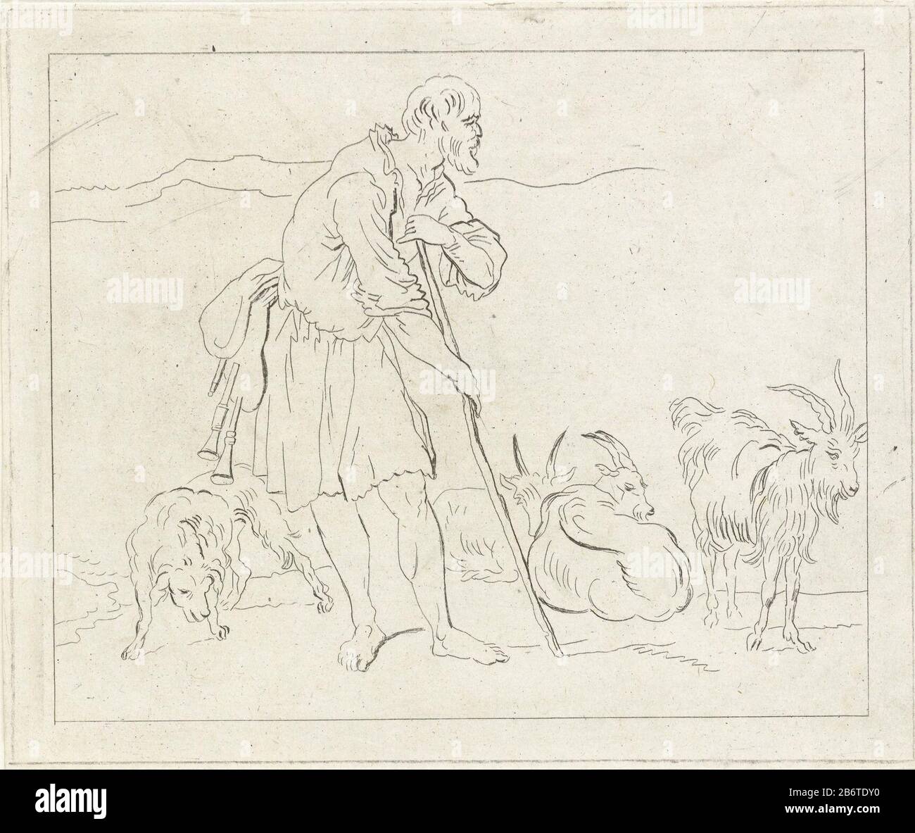 Herder met geiten Shepherd leaning on a stick, three goats and a sheep ...