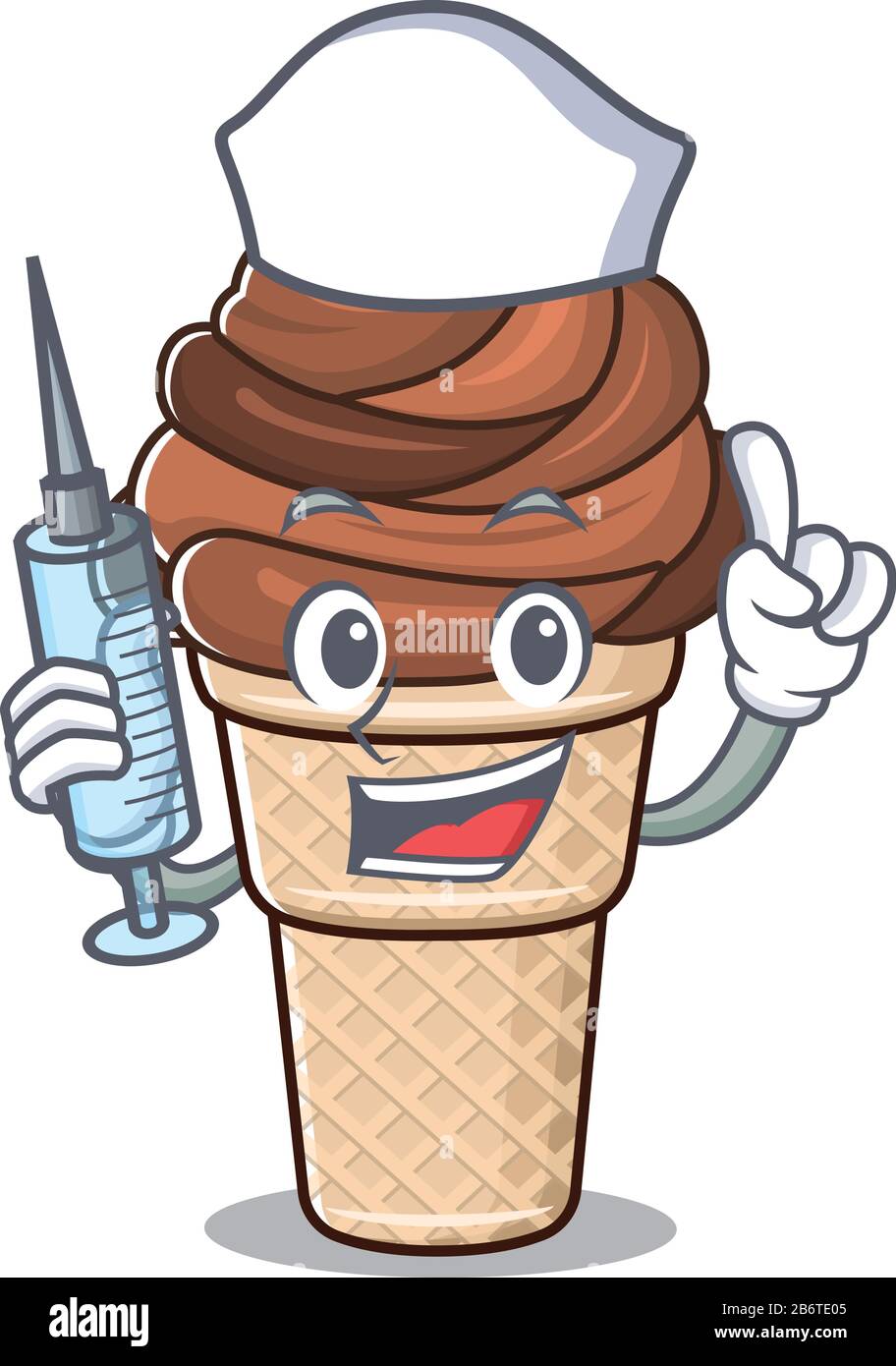 Friendly nurse of chocolate ice cream mascot design holding syringe ...