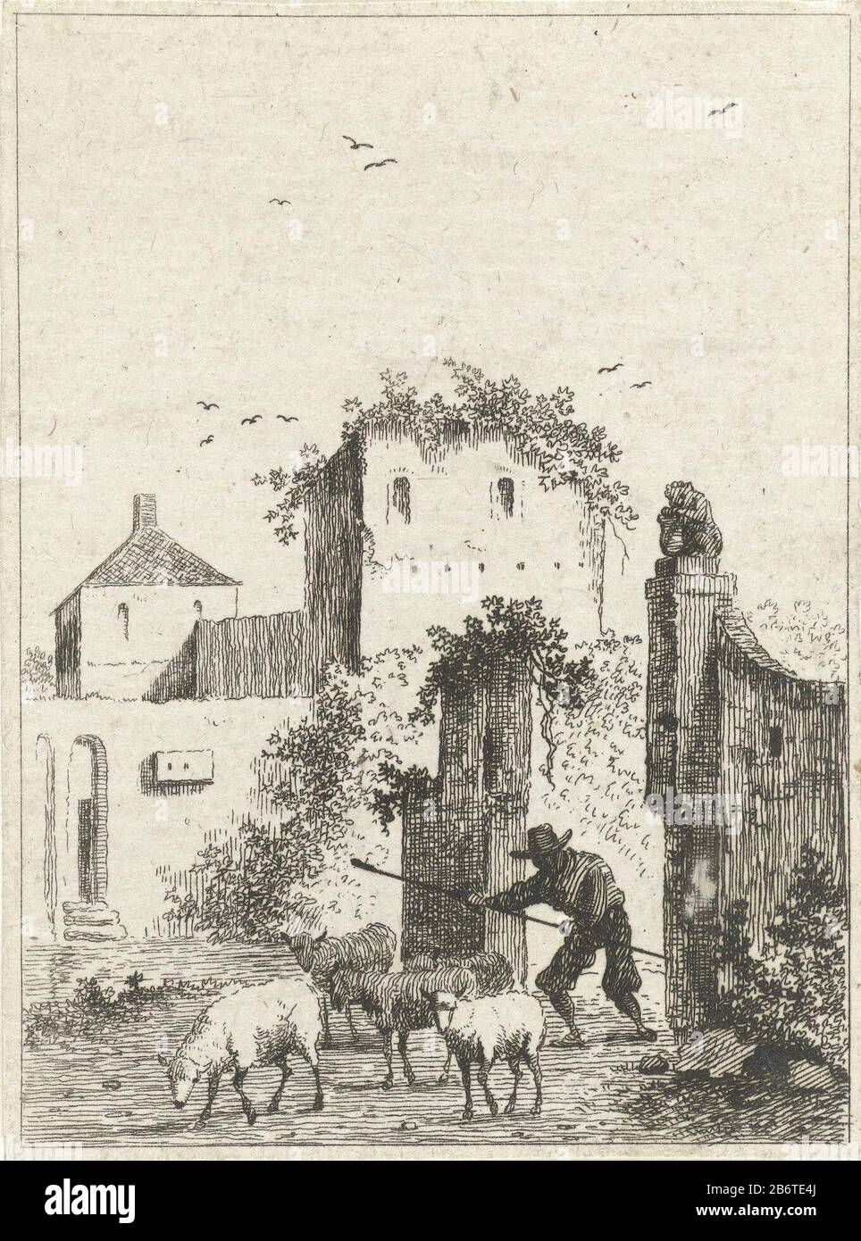Herder met schapen bij een dorp A shepherd with sheep in the background ...
