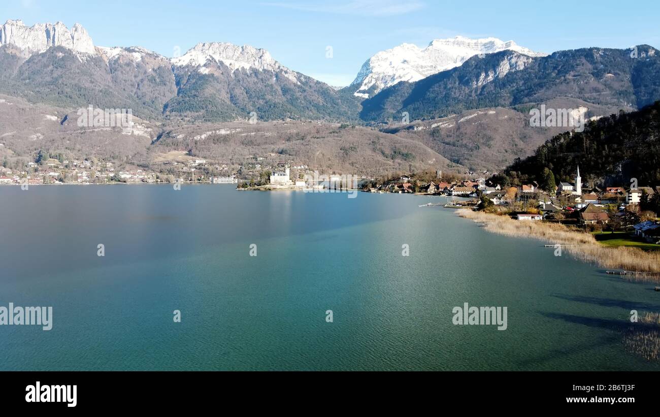 Panoramic aerial view of Chateau de Duingt on Annecy lake, France Stock ...