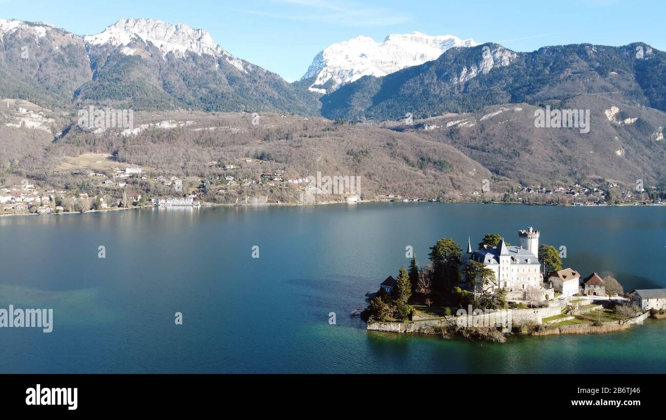 Panoramic aerial view of Chateau de Duingt on Annecy lake, France Stock ...