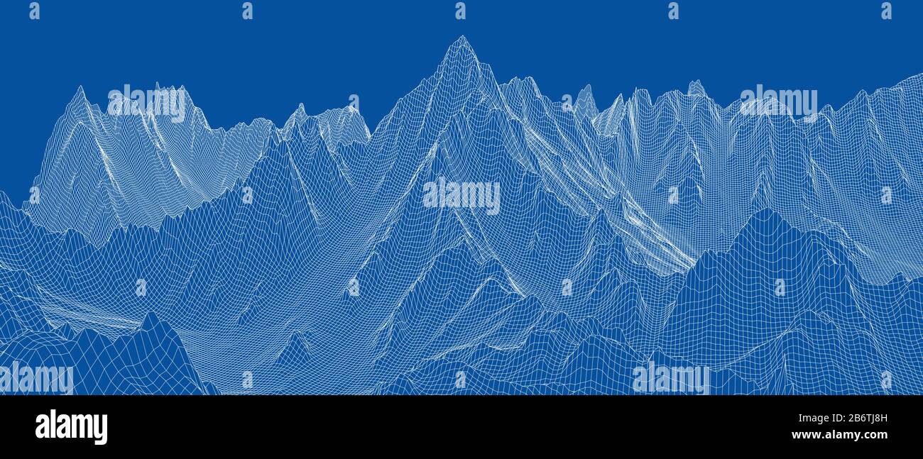 Abstract 3d wire-frame landscape. Blueprint style. Vector rendering ...