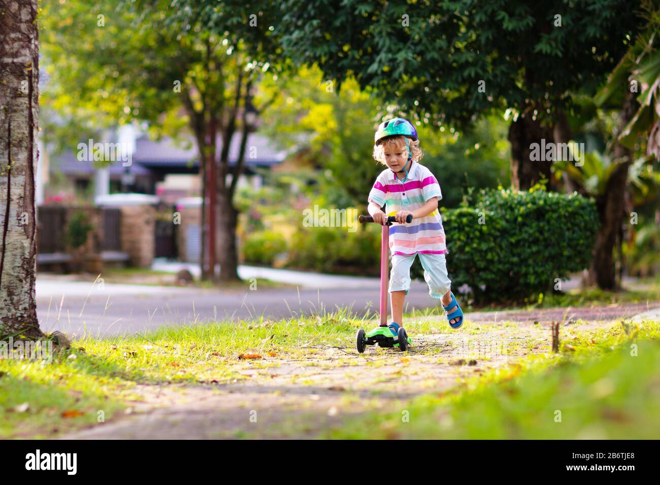 Little boy riding scooter. Kids ride kick board. Child playing on ...