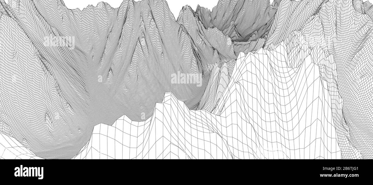 Abstract 3d wire-frame landscape. Blueprint style. Vector rendering ...
