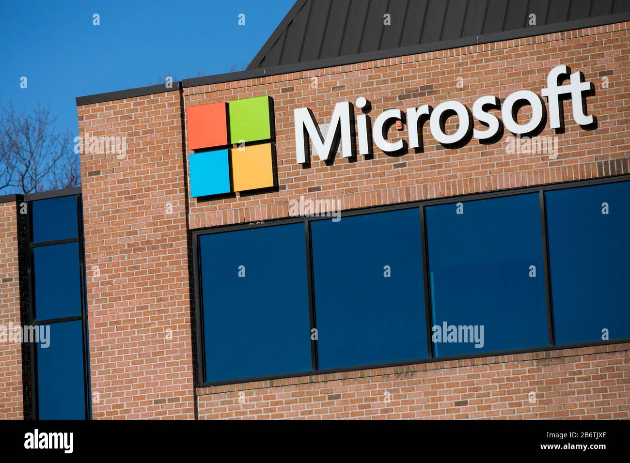 A logo sign outside of a facility occupied by Microsoft in Elkridge ...