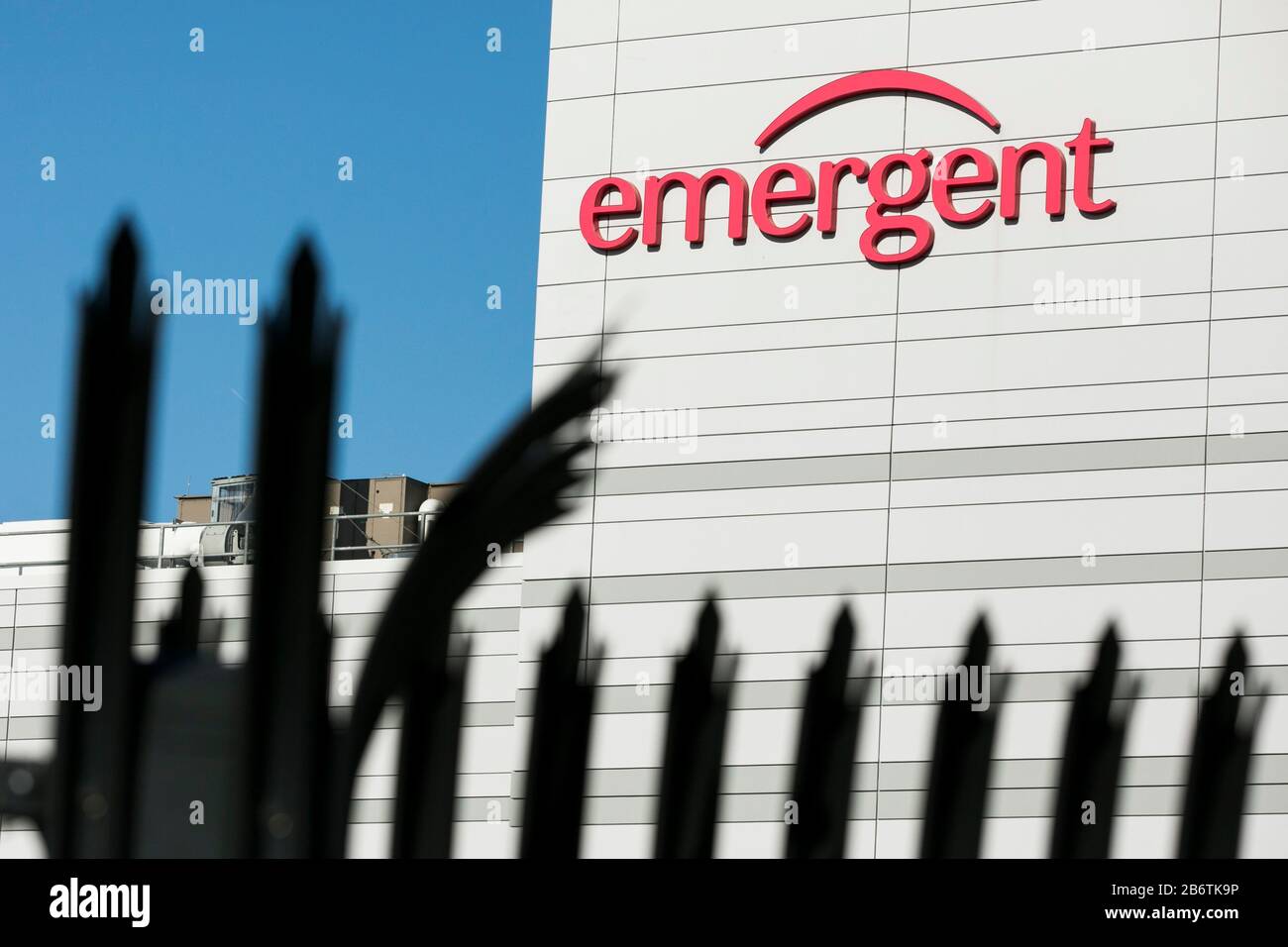 A logo sign outside of a facility occupied by Emergent BioSolutions in ...