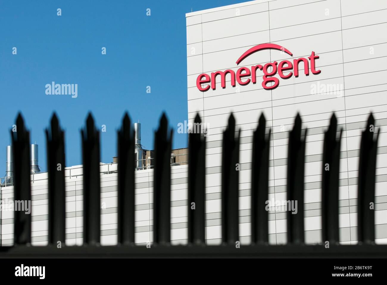 A logo sign outside of a facility occupied by Emergent BioSolutions in ...