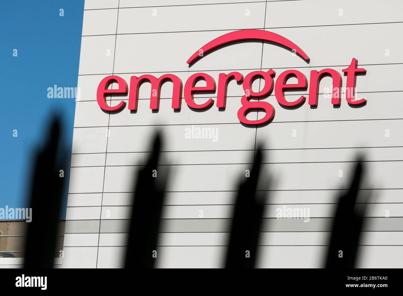 A logo sign outside of a facility occupied by Emergent BioSolutions in ...