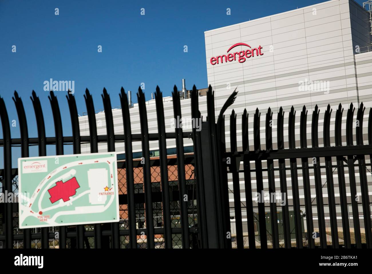 A logo sign outside of a facility occupied by Emergent BioSolutions in ...