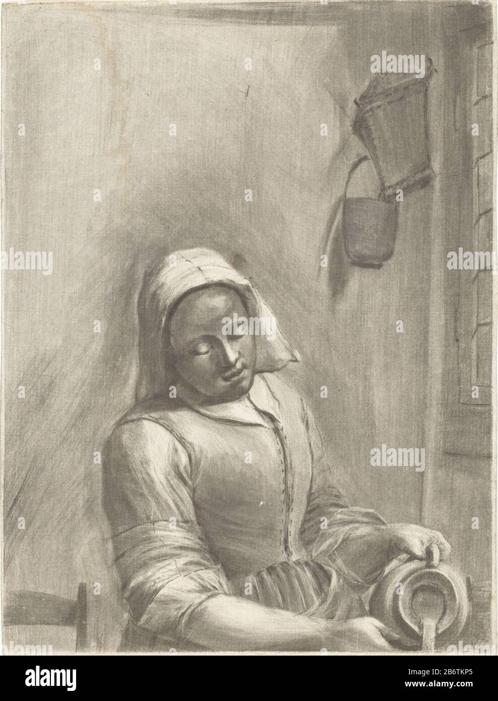 Het melkmeisje a maid stands behind a table and pours milk from a jug ...